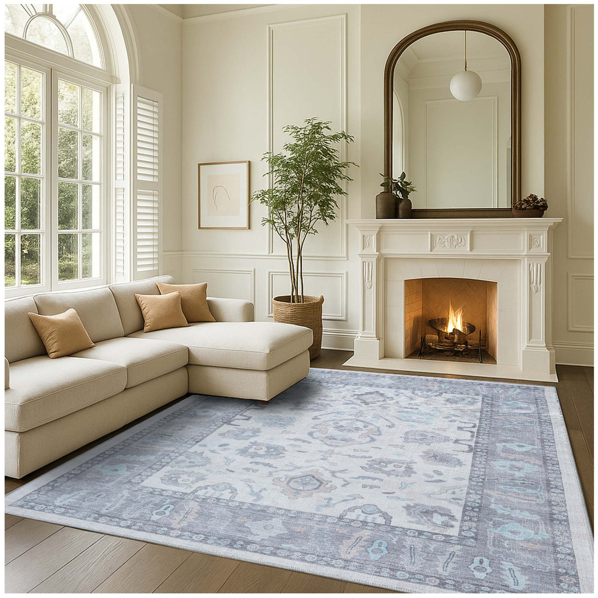 Delphine Gray, Beige & Ivory Oushak Rug - Modern Washable Rugs – fame