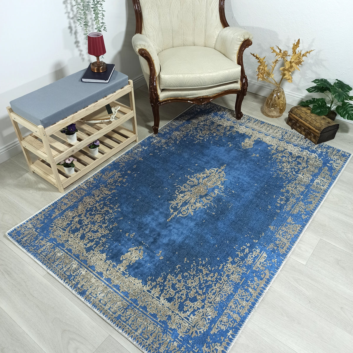 Turkish Light Blue Navy Blue Vintage Rug – fame