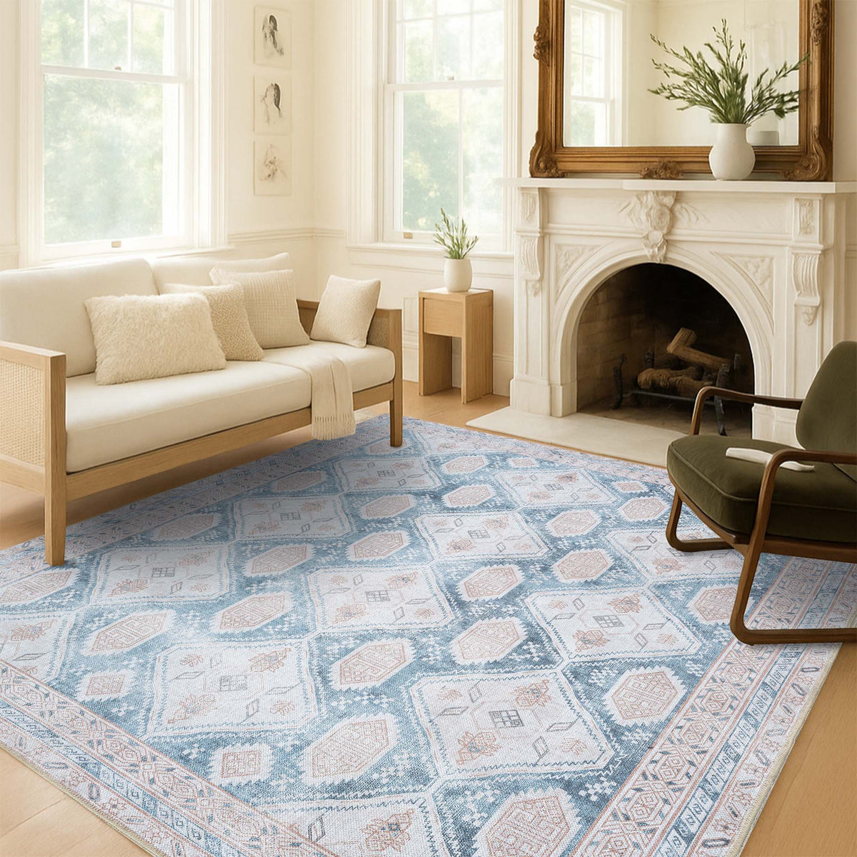 Samara Cream Blue Distressed Turkish Rug - Washable Rugs – fame
