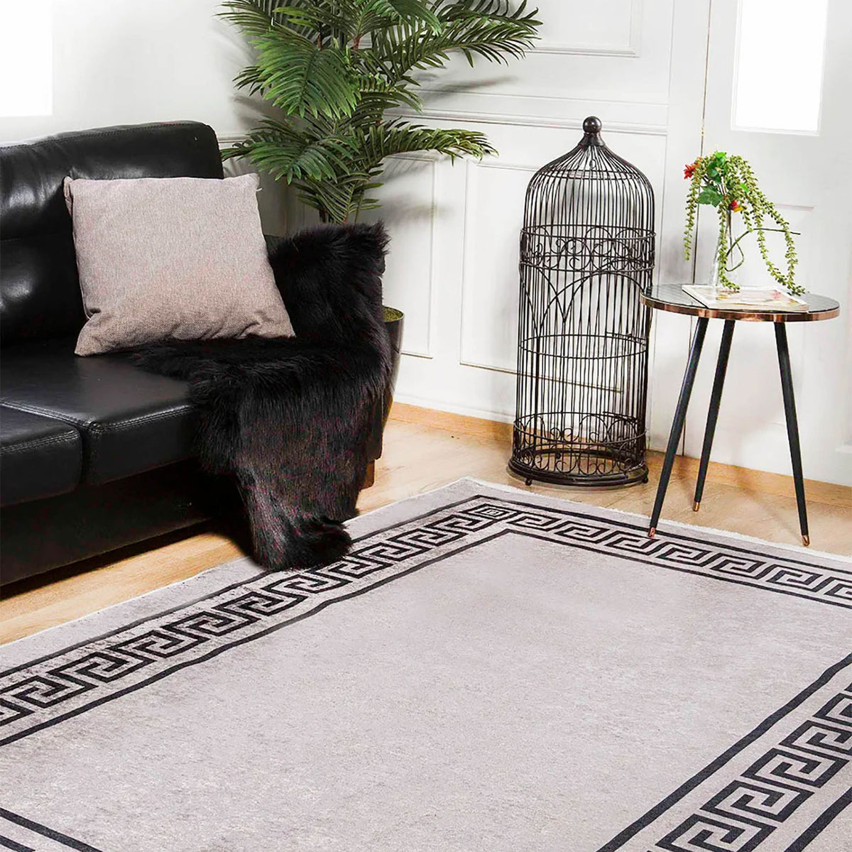 Sadie Marble Brown Greek Key Border Rug – fame