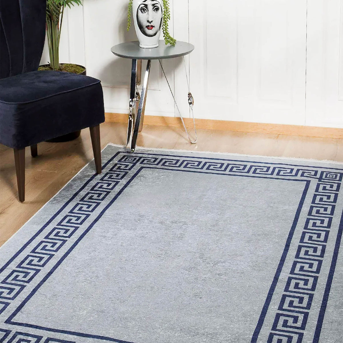 Remi Marble Blue Grey Greek Key Border Rug – fame